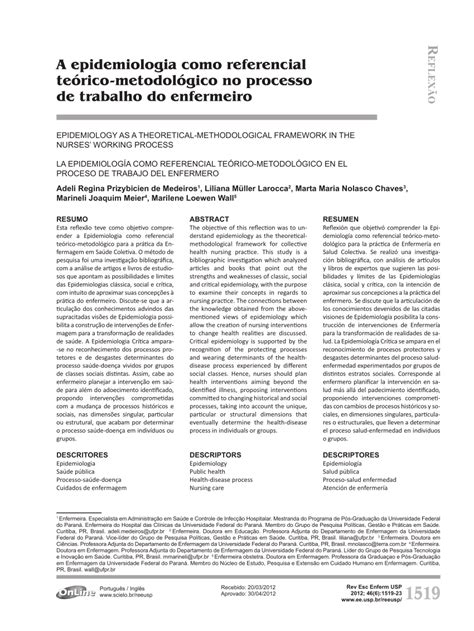 Pdf [epidemiology As A Theoretical Methodological Framework In The Nurses Working Process]