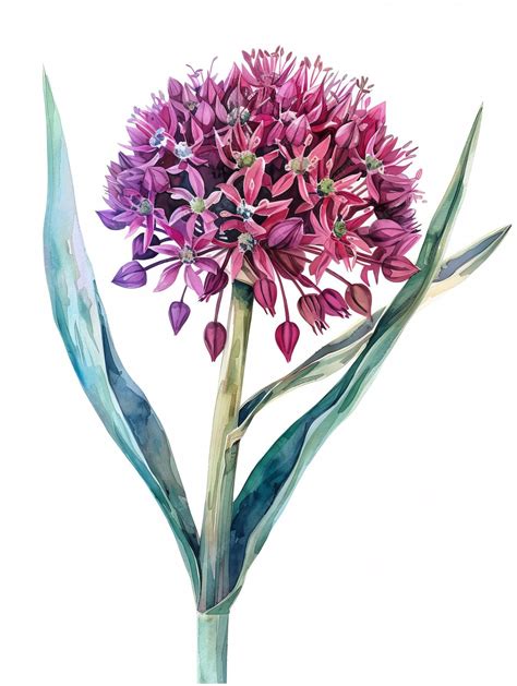 Watercolor Allium Isolated On White Background Beautiful Allium Flower