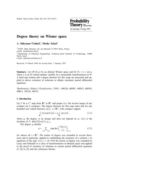 Pdf Degree Theory On Wiener Space And An Application To A Class Of Spdes