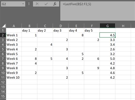 Average Last 5 Values In 2d Range In Excel Stack Overflow
