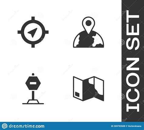 Set Folded Map Compass Stop Sign And Location On The Globe Icon Vector Stock Vector
