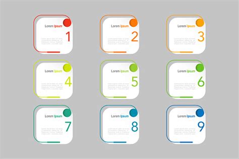 9 단계의 비즈니스 개념 워크 플로우 레이아웃 다이어그램 연례 보고서 웹 디자인을위한 다채로운 라벨 디자인의 흰색 사각형 모양 크리 에이 티브 배너 벡터 개발에 대한 스톡