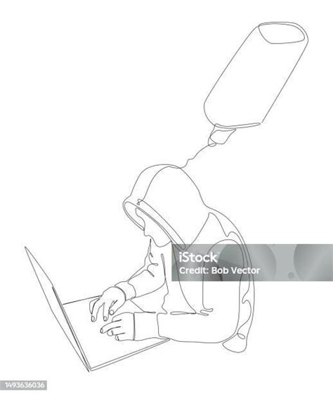 One Continuous Line Of Computer Hacker Drawn By With Felt Tip Pen Thin Line Illustration Vector