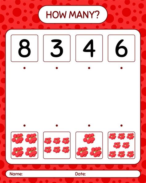 레드 베리로 몇 번의 카운팅 게임 미취학 아동을위한 워크 시트 아동 활동 시트 인쇄 가능한 워크 시트 프리미엄 벡터