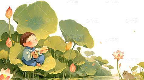 6ai数字艺术 一个可爱的小男孩坐在荷叶上夏季手绘插画 Ai平面元素免费下载png格式4368像素编号70760665 千图网
