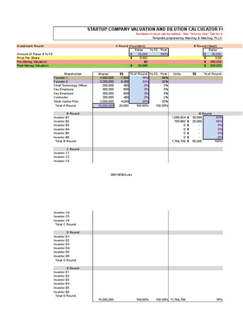Valuation And Dilution Calculator Pdf Spreadsheet Valuation Finance