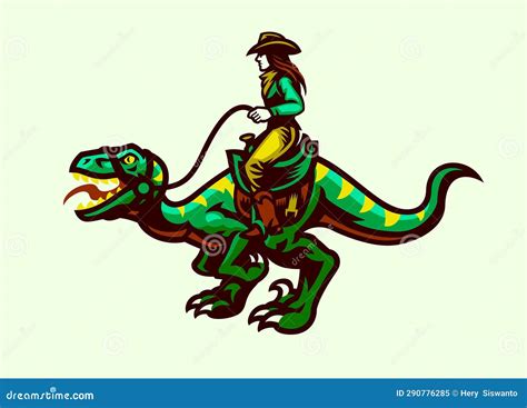Cowgirl Riding Raptor In Retro Vintage Style Stock Vector