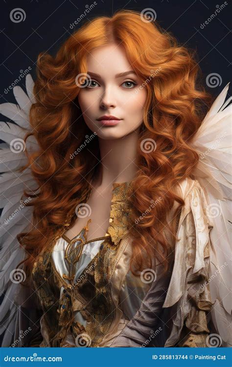 Beautiful Redhead Girl With Angel Wings Portrait Of A Beautiful Woman Stock Illustration