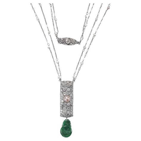 Diamond Uncultured Pearl Fine Jade Platinum Necklace Art Deco Gia