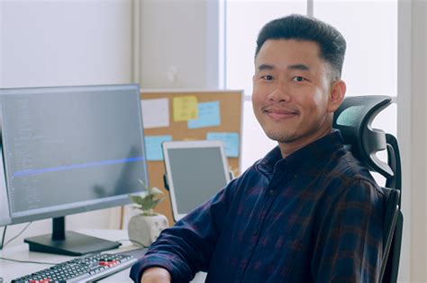Portrait Young Asian Man Developer Programmer Software Engineer It Support Look At Camera And