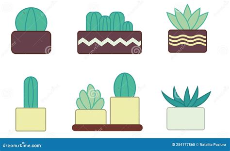 Simple Plants With Leaves In Pots Houseplants Icon Set Stock