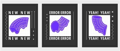 기하학적 왜곡 모양 또는 트렌디 한 잔인 한 스타일 요소가있는 포스터 세트 3d 와이어프레임 모델이 있는 플랫 벡터 일러스트레이션 개념 환각적인 테크노 스타일 1990