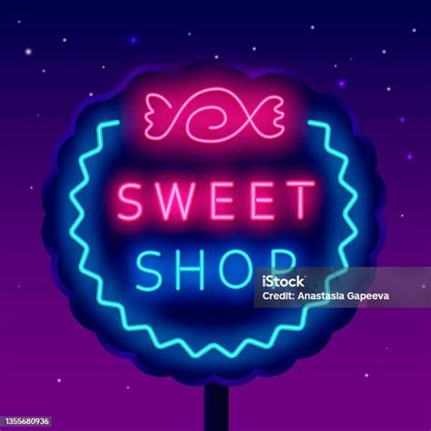 사탕과 달콤한 가게 네온 광고판 밤 밝은 간판 빛나는 라벨 격리된 벡터 그림 간판에 대한 스톡 벡터 아트 및 기타 이미지 간판 개념 거리 Istock