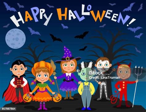 즐거운 할로윈 보내세요 할로윈 의상에서 아이 들 흡혈귀 드라큘라 악마 마녀 호박 좀비 해골 남자와 여자 밤 배경 벡터 문자입니다
