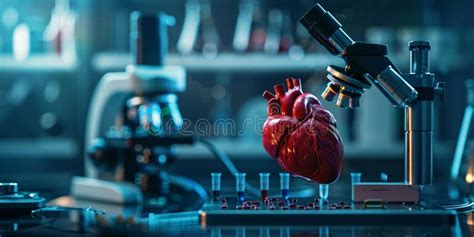 A Human Heart Model Sits Beneath A Microscope In A Laboratory Setting