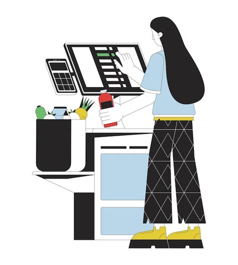 Premium Vector Woman On Self Service Terminal Flat Line Concept Vector Spot Illustration
