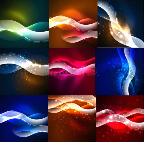 Collection Of Neon Glowing Particle Waves Stock Vector Illustration