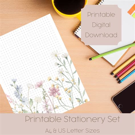 Printable Stationery Set Wildflowers Watercolor Flowers 4 Styles 2