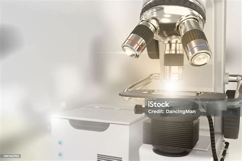 화학 작업 개념 소프트 포커스 배경에 플레어와 실험실 현대 과학 현미경 개체 3d 일러스트 0명에 대한 스톡 사진 및 기타 이미지 Istock