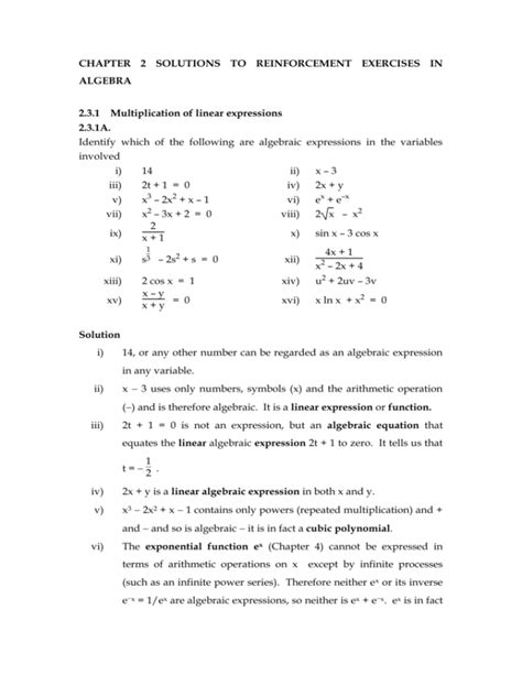 algebra exercises solutions linear expressions and polynomials