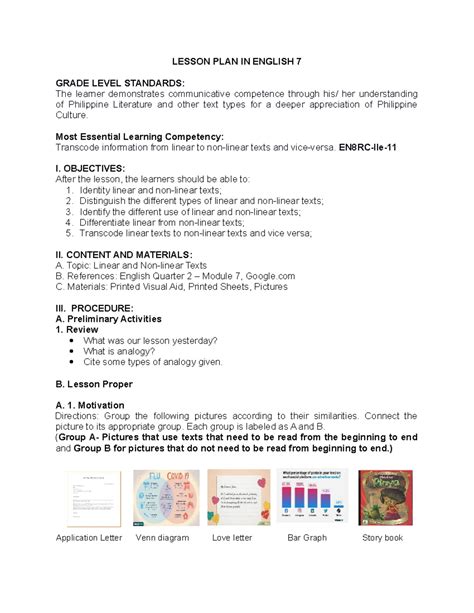 Lesson Plan In English 7 Linear And Non Linear Texts Lesson Plan In