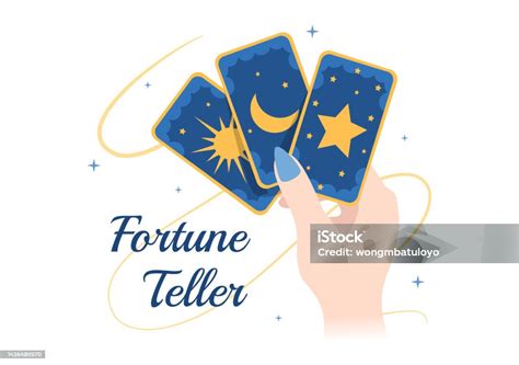 포춘 텔러 템플릿 손으로 그린 만화 플랫 일러스트 레이 션 크리스탈 볼 마법 책 또는 운명을 예측하고 미래 개념을 말하기위한 카드 공 스포츠 장비에 대한 스톡 벡터 아트 및