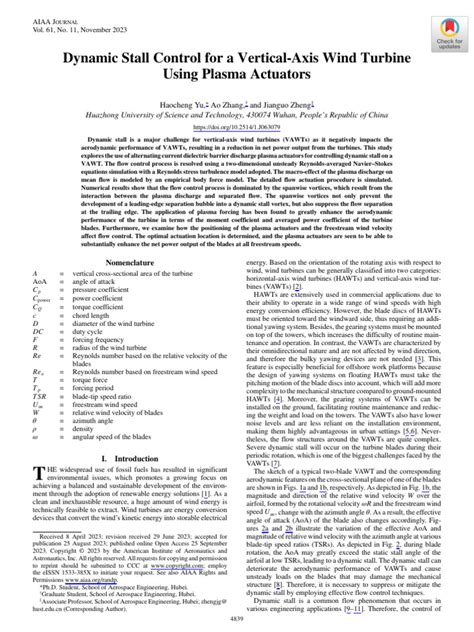 Yu Et Al 2023 Dynamic Stall Control For A Vertical Axis Wind Turbine