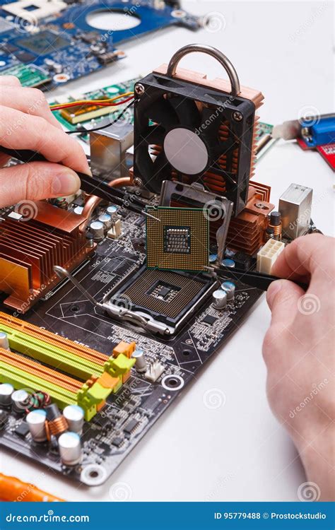 Technician Plug In Microprocessor To Motherboard Stock Photo Image Of Details Computer 95779488