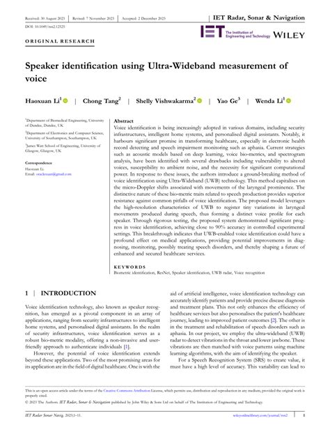 Pdf Speaker Identification Using Ultra‐wideband Measurement Of Voice
