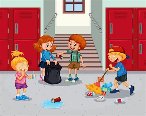 Niños Limpiando El Pasillo De La Escuela Vector Gratis