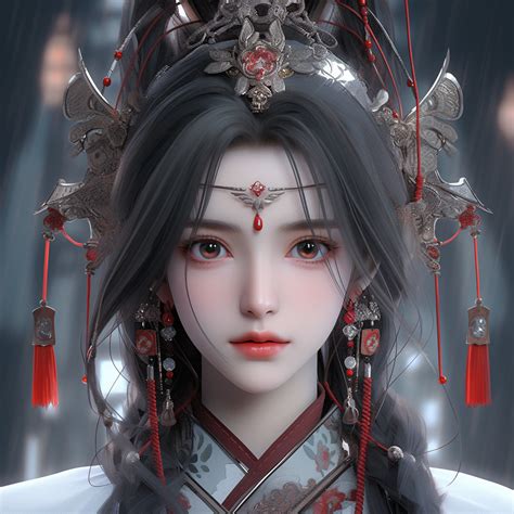 机械姬，中国年轻女孩机器人3d风格的脸，全身，3d风格的脸，白皙的皮肤，精致的五官，中国传统服装和机 又笨又聪明的一颗豆的midjourney
