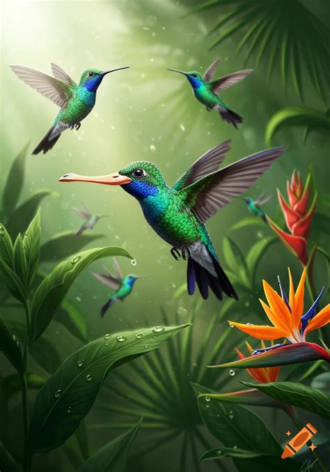 Vibrant Green Hummingbirds One With A Prominent Duck Beak Fly Amidst