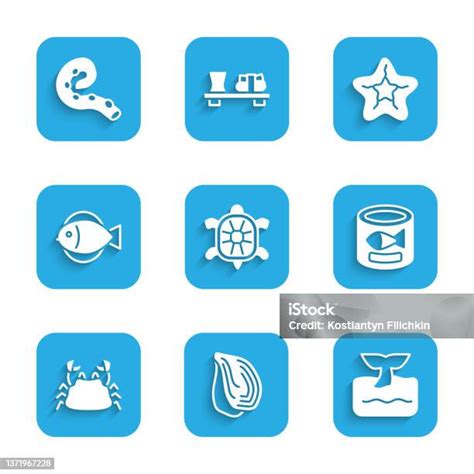 설정 거북이 홍합 바다 파도에 고래 꼬리 통조림 물고기 게 물고기 불가사리와 촉수 아이콘의 문어 벡터 갈고리 발톱에 대한 스톡 벡터 아트 및 기타 이미지 Istock