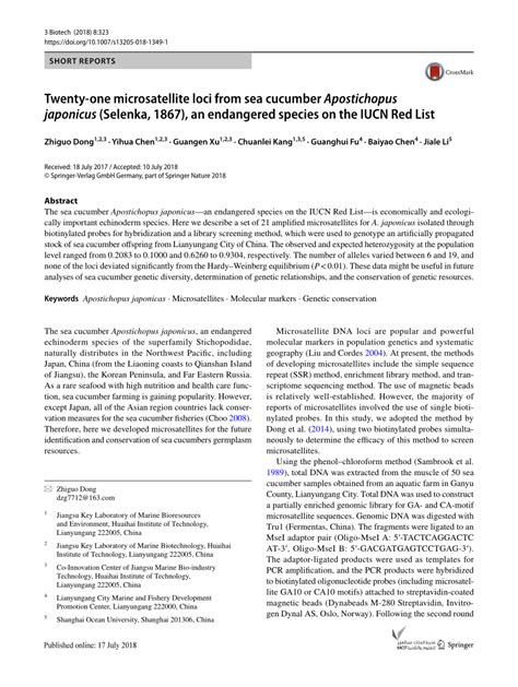 Pdf Twenty One Microsatellite Loci From Sea Cucumber Apostichopus Japonicus Selenka 1867