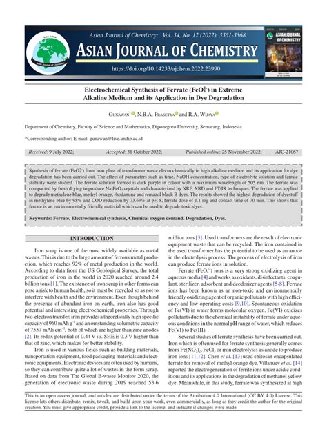 Pdf Electrochemical Synthesis Of Ferrate Feo4 2 In Extreme Alkaline Medium And Its