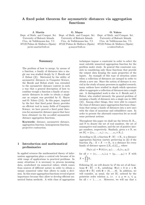 PDF A Fixed Point Theorem For Asymmetric Distances Via Aggregation Functions