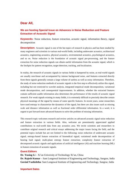 Pdf Special Issue On Advances In Noise Reduction And Feature
