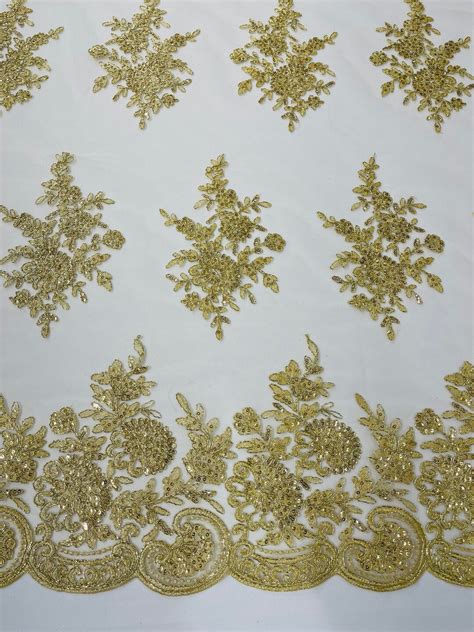 Metallic Champagne Lace Fabric Flower Design Embroidered On Mesh Lace