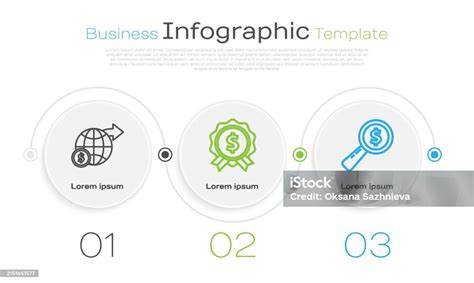 달러 지구 지구본 달러 가격표 돋보기와 달러 설정 라인 비즈니스 인포그래픽 템플릿입니다 벡터 0명에 대한 스톡 벡터 아트 및