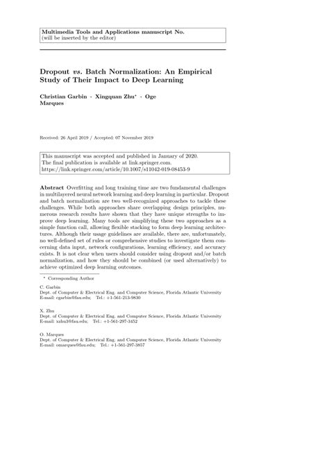 PDF Dropout Vs Batch Normalization An Empirical Study Of Their Impact To Deep Learning