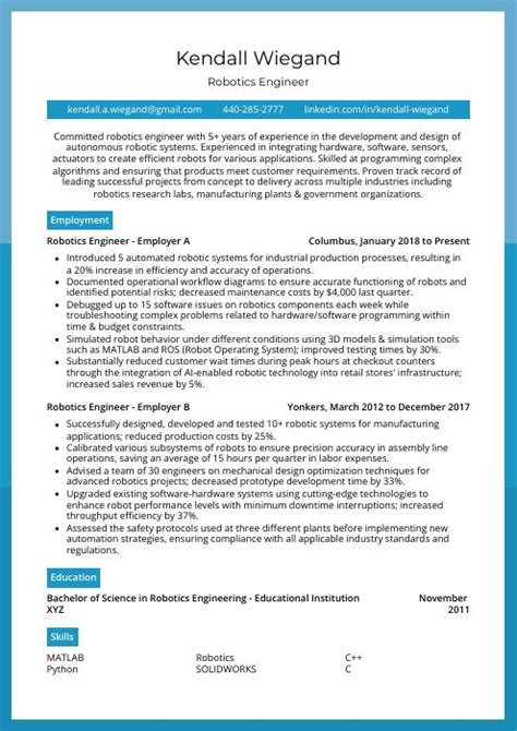 Robotics Engineer Resume CV Example And Writing Guide