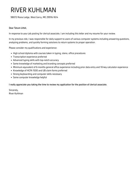 Clerical Associate Cover Letter Velvet Jobs