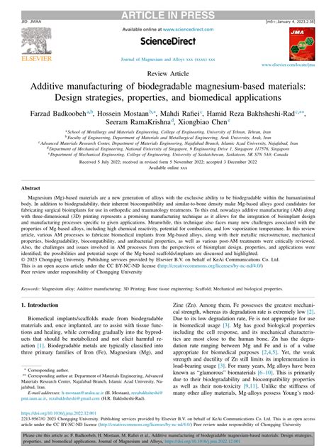 Pdf Additive Manufacturing Of Biodegradable Magnesium Based Materials Design Strategies