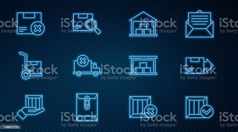 체크 표시가 있는 라인 나무 상자 판지 판지 창고 배달 화물 트럭 차량 손 및 상자 삭제 및 패키지 검색 아이콘을 설정합니다 벡터 감시에 대한 스톡 벡터 아트 및 기타