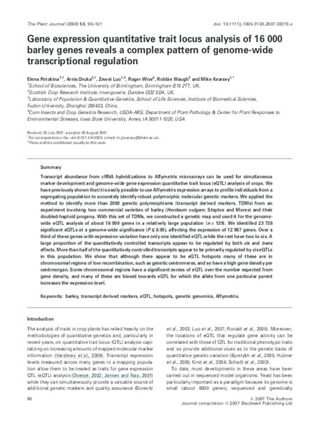 Pdf Gene Expression Quantitative Trait Locus Analysis Of 16â 000 Barley Genes Reveals A