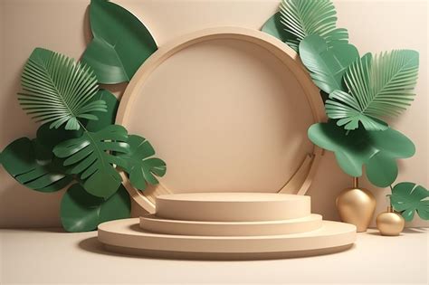 3d 배경 제품 디스플레이 포디움 장면과 잎 기하학 플랫폼 배경 터 3d 렌더링과 포디움 스탠드 화장품을 보여주기 위해 3d