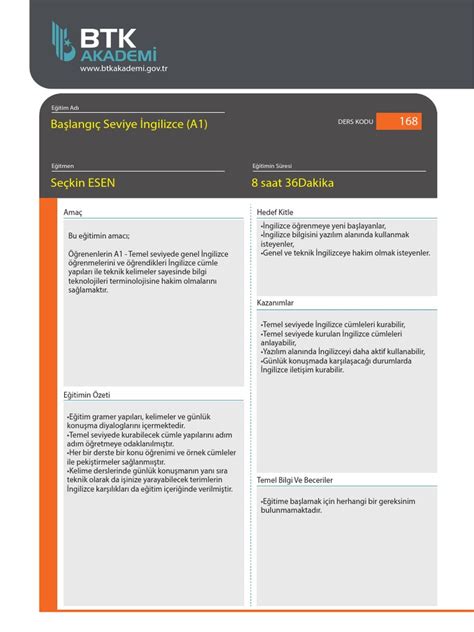 Başlangıç Seviye İngilizce Eğitimi Bilgi Formu Pdf