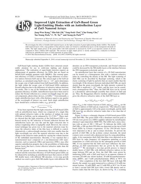 Pdf Improved Light Extraction Of Gan Based Green Light Emitting Diodes With An Antireflection