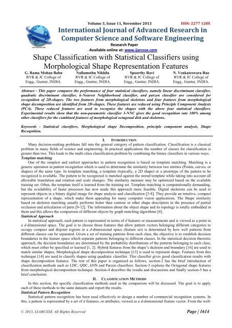 Shape Classification With Statistical Classifiers Using Ijarcsse