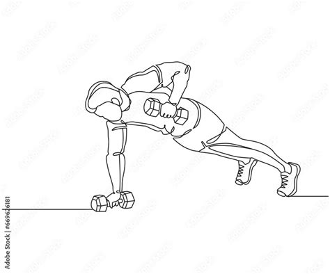 Renegade Row Exercise Line Drawing Isolated On Copy Space White Background Dumbbell Renegade
